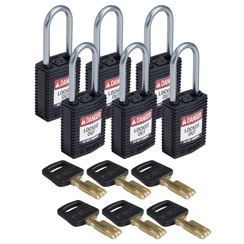 SafeKey Compact Nylon Padlocks, Keyed Different, Black, 1" Aluminum Shackle, 6 Per Package