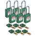 SafeKey Compact Nylon Padlocks, Keyed Different, Green, 1" Aluminum Shackle, 6 Per Package