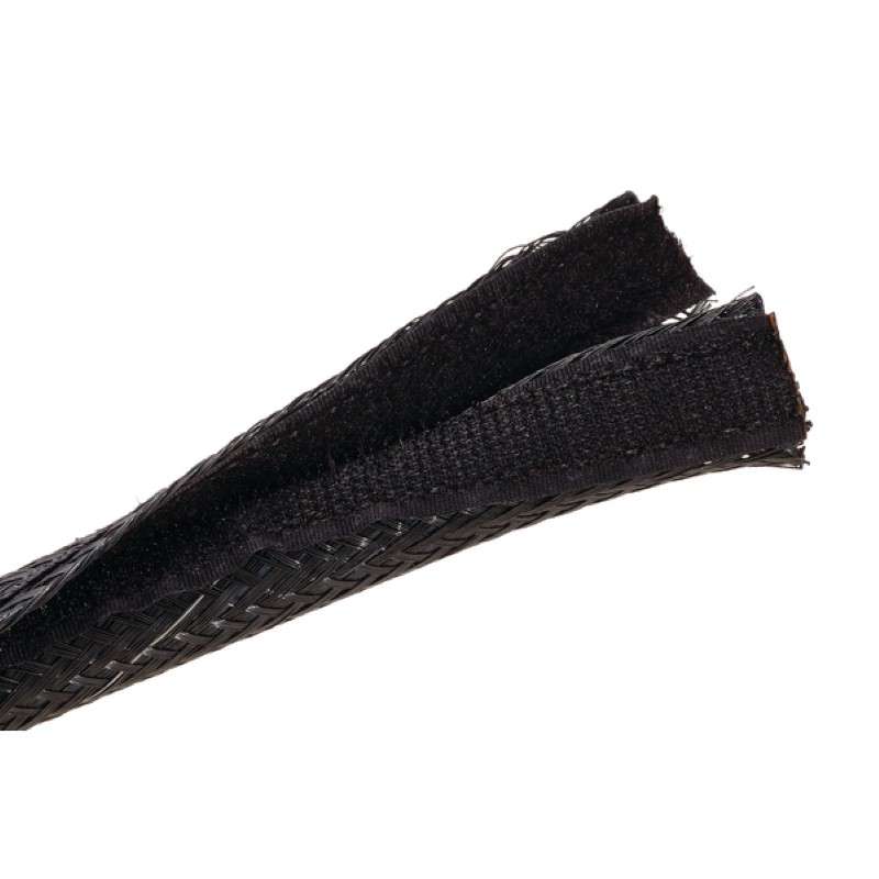 Braided Sleeving, Hook & Loop, 1.25" Dia, Pet, Black, 100 Ft/Bulk Reel