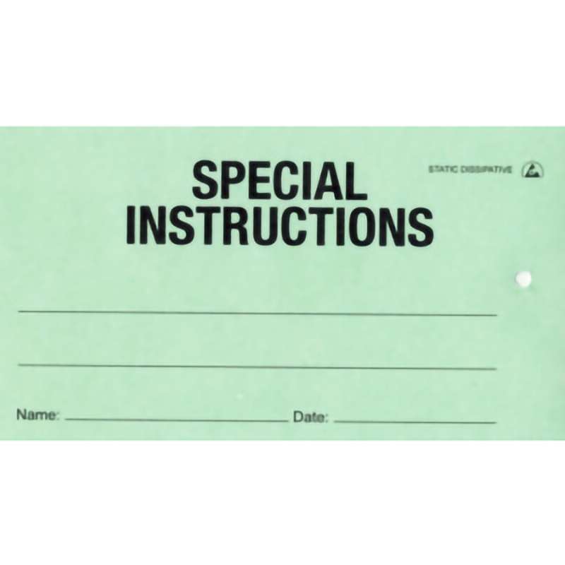 SPECIAL INSTRUCTIONS Tag Green with String, ESD Safe, 2.75" x 5'", 50/Pkg